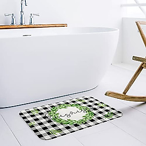 Easter Indoor Doormat Low Pile Welcome Mat - 18 x 30 Inches Spring Green Leaf Wreath Black White Buffalo Plaid - Sponge Rounded Corners Shoes Scraper Rugs for Entrance Bathroom