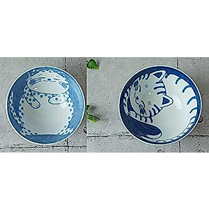Set of 2 Japanese Rice Bowls, Cute Cats Design Buchi and Tora Bicolor and Tabby Porcelain Bowls