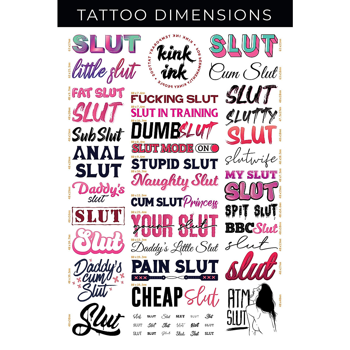Kink Ink - 34 x "Slut" Temporary Tattoo Kinky A4 Sheet