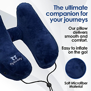 flybuddy Inflatable Neck Pillow for Traveling, Turtle Neck Pillow for Airplane Travel w/Travel Bag & Hood - Soft Microfiber Neck Pillow, Travel Accessory - Quickly Inflate in Seconds (Blue)