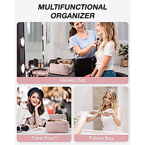 BAGSMART Travel Makeup Bag - Water-Resistant Portable Cosmetic Pouch, Flat Open Organizer for Toiletries and Brushes, Pink