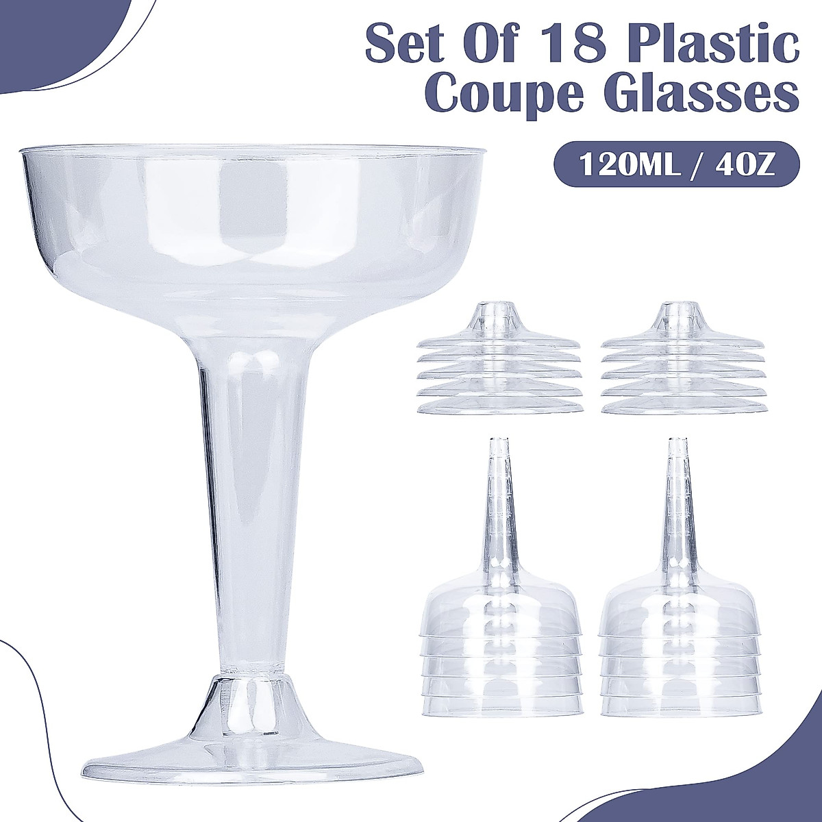 ISKYBOB 18 Pieces Plastic Coupe Glasses Set, Disposable Champagne Glasses Cocktails Cups 120ml / 4oz Clear Champagne Tower Bulk for Wedding, Parties