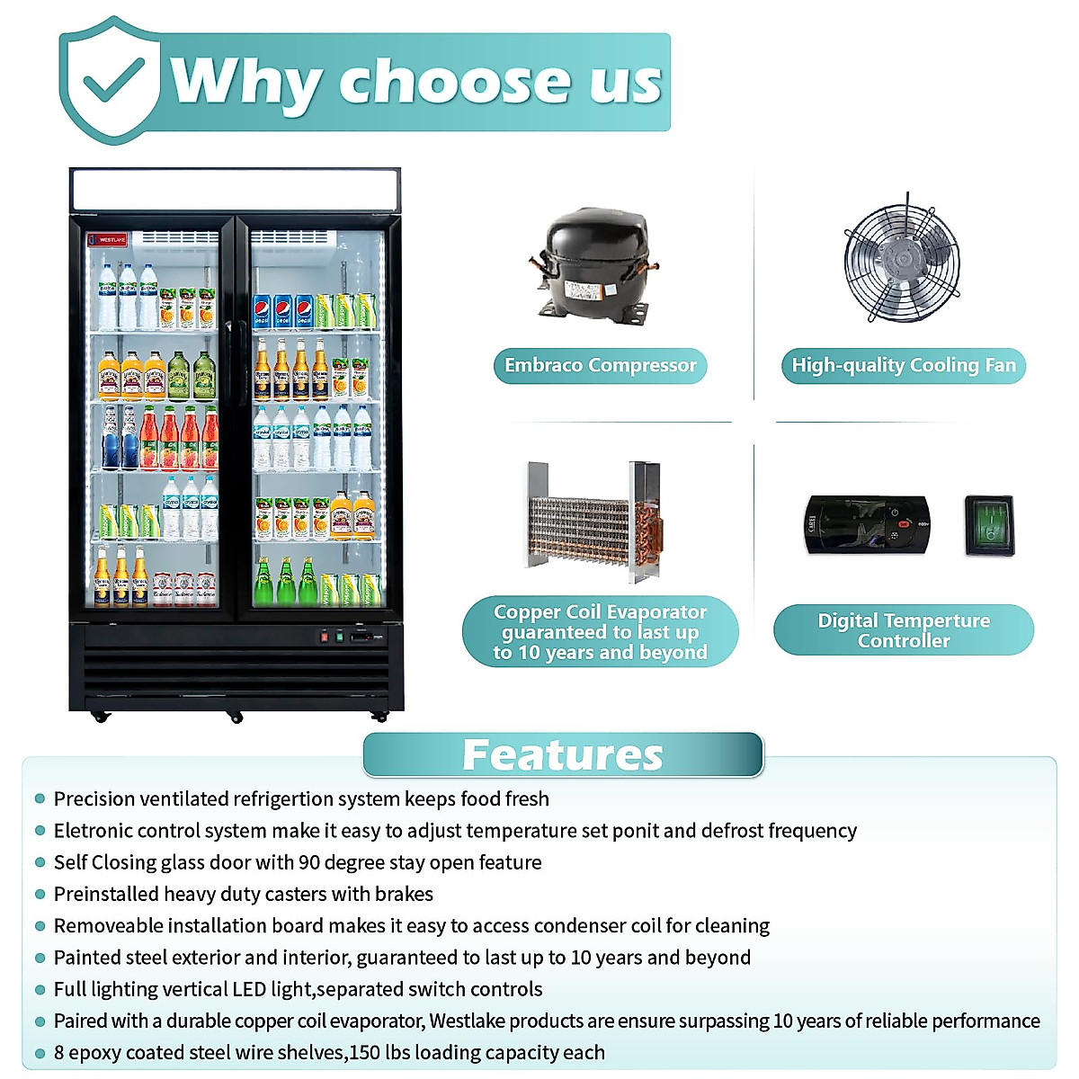 WESTLAKE 48" W Merchandiser Commercial Display Refrigerator 2 Glass Door 2 Section Reach-in Glass Door Upright Fan Cooling 36 Cu.ft Cooler for Restaurant, Bar, Shop, etc