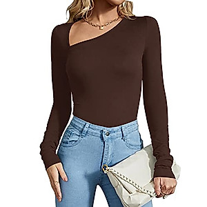 REORIA Women's Casual Classy Asymmetrical Neck Long Sleeve Ribbed Slimming Thong Leotards Bodysuit Tops Coffee Large