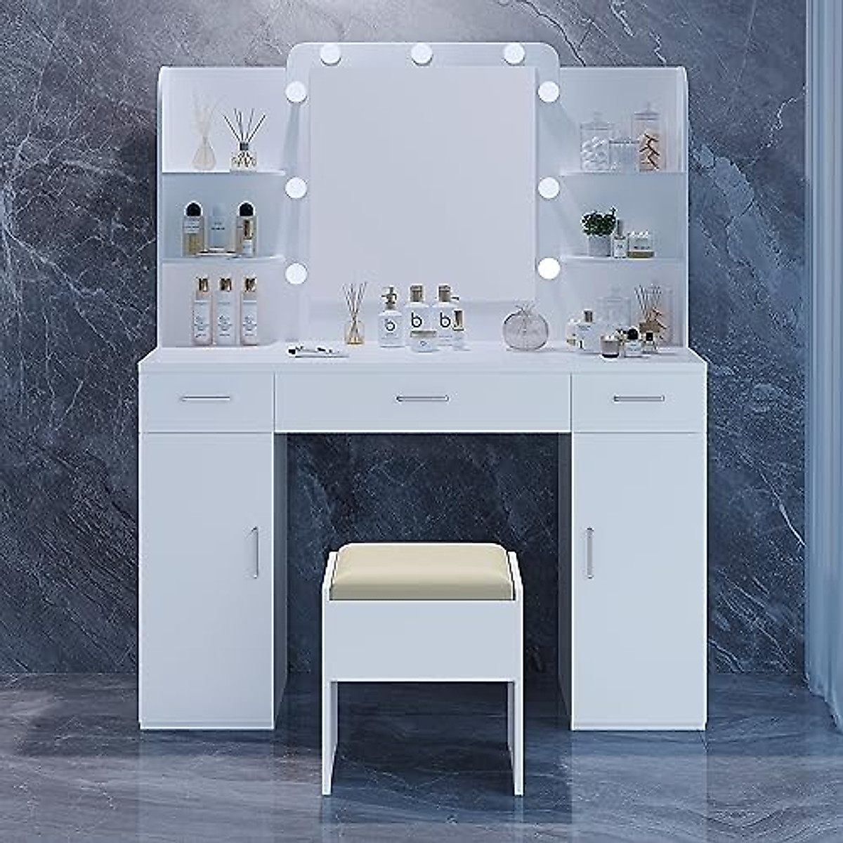 TOLEAD Modern Makeup Vanity Desk with Mirror and Lights, Hollywood Mirror with 9 Dimmable LED Bulbs & 3 Lighting Modes, White Bedroom Vanity with Drawers, Stool Included, 45.27" W