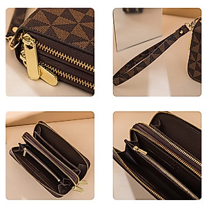 Veki Women's Wallet Double Zipper Pocket Wallets with Wrist Strap, Leather Credit Card Purse for Women Men (Brown)