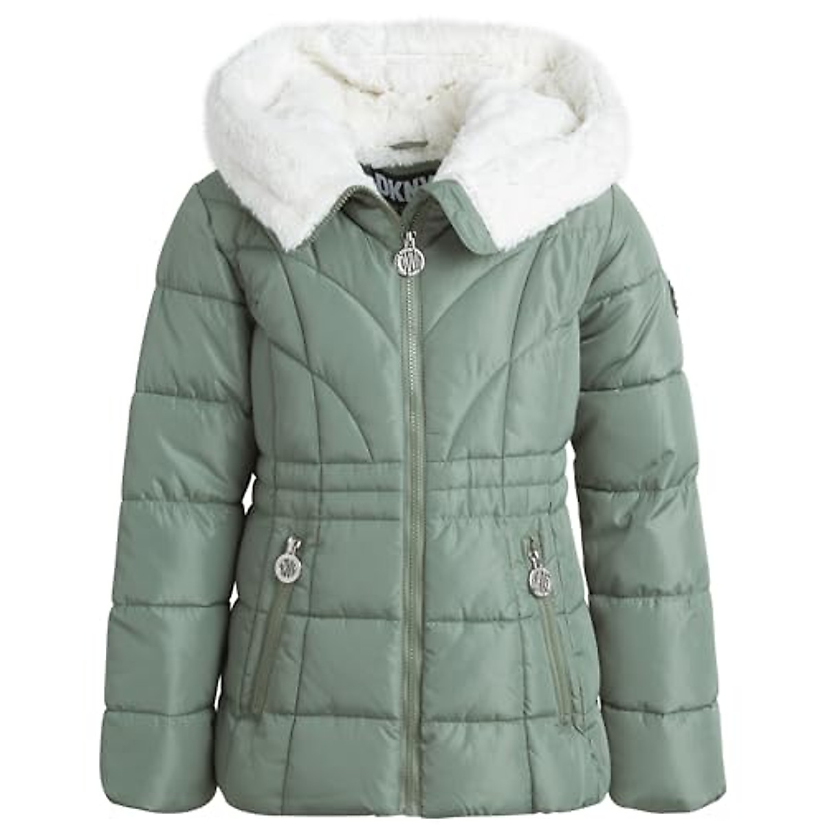 DKNY Girls' Winter Coat - Sherpa Fur Lined Heavyweight Quilted Puffer Parka - Insulated Winter Ski Jacket for Girls (4-16), Size 7-8, Sage
