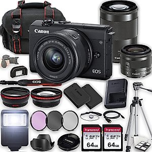 Canon EOS M200 Mirrorless Camera w/EF-M 15-45mm f/3.5-6.3 is STM Lens + EF-M 55-200mm f/4.5-6.3 is STM Lens + 2X 64GB Memory + Case + Filters + Tripod + More (35pc Bundle)