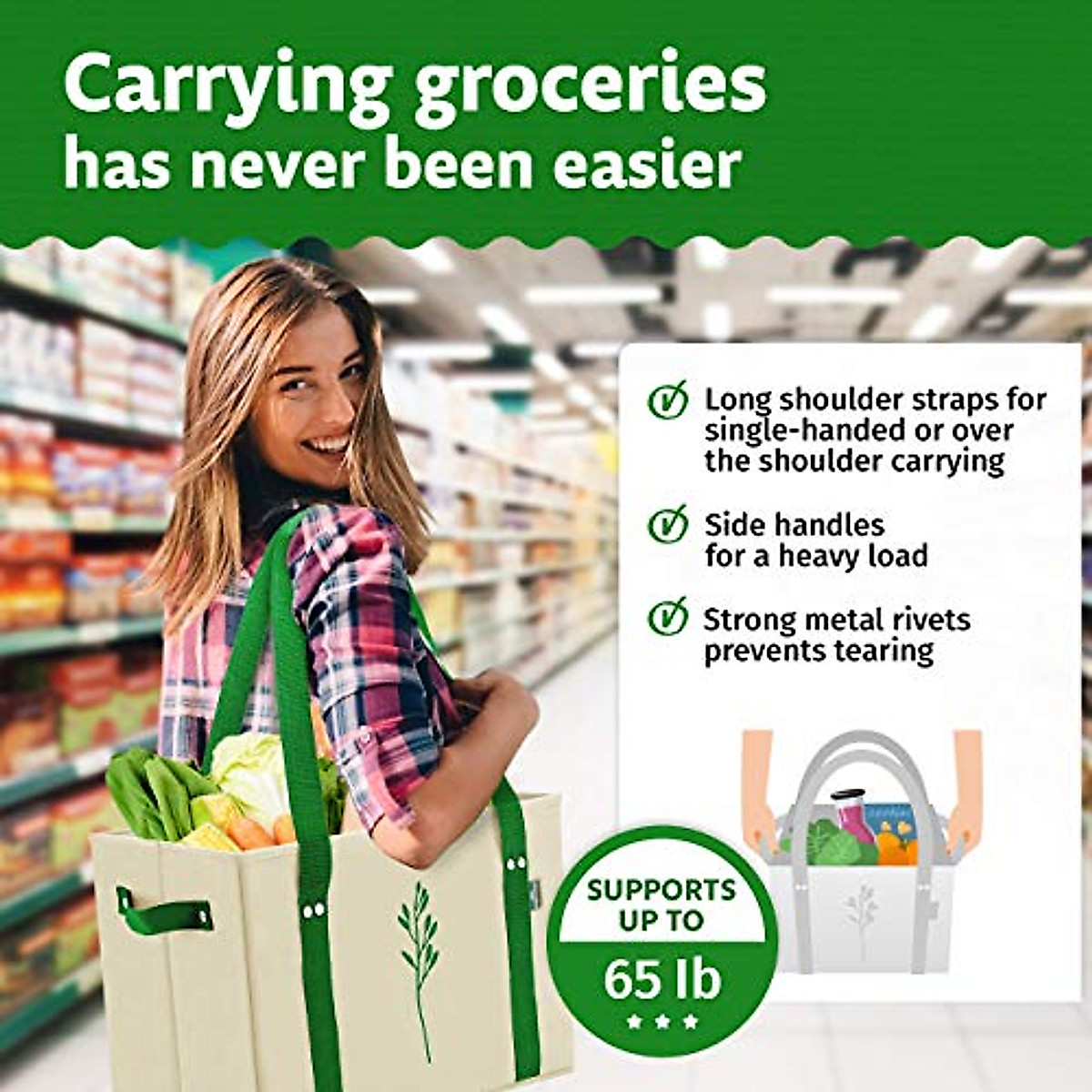 Green Bulldog Reusable Grocery Bags - Heavy Duty, Foldable, Space Saving Tote Shopping Bags - Box Bag w/Straps And Handles (Set of 3) - Taupe