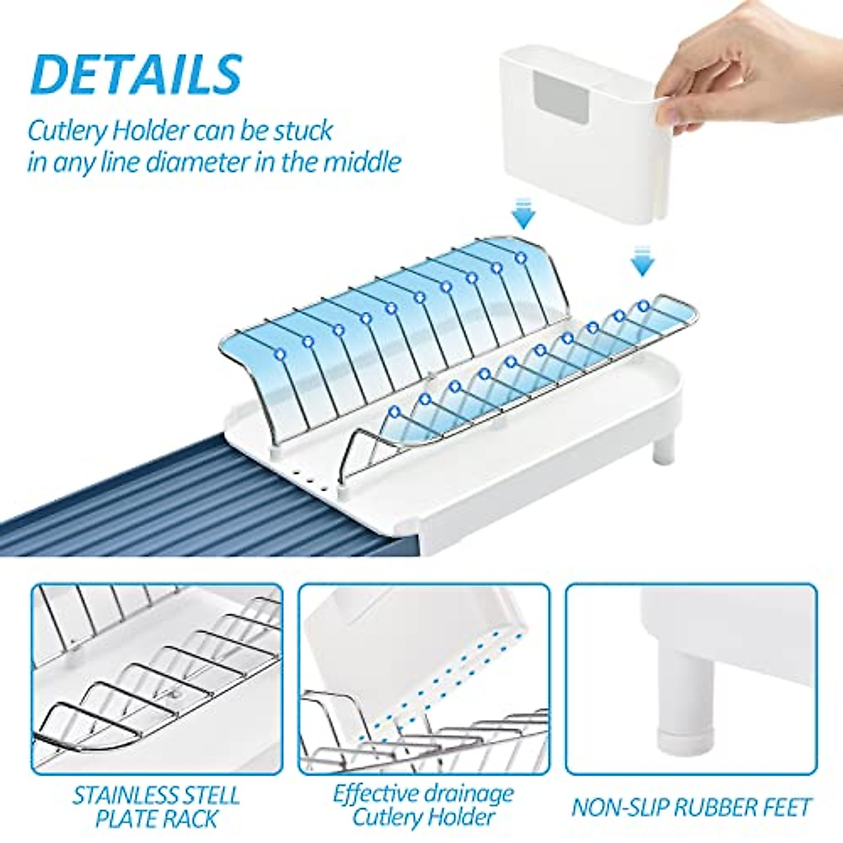 TOOLF Small Expandable Dish Rack, Compact Dish Drying Rack with Stainless Plate Rack, Rustproof Dish Drainer with Removable Utensil Holder in Sink Or On Counter for Kitchen, Small Space, RV