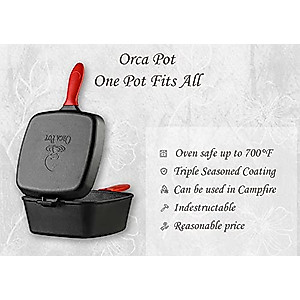 Orca pot 5in1 Cast Iron 6.5 Qt Dutch Oven Cooking Pot with Glass Lid, Cooking Pot for Baking, Frying, Steaming, Cast Iron Grill Lid, Steaming Plate & Basket
