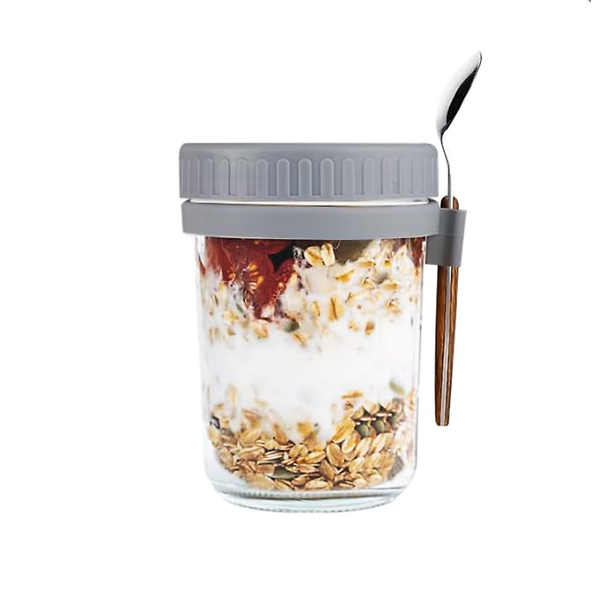 Mason Jar Oameal Container, Overnight Oats Jar With Lid And Spoon, Food Containers/Jars/Canning (Grey)