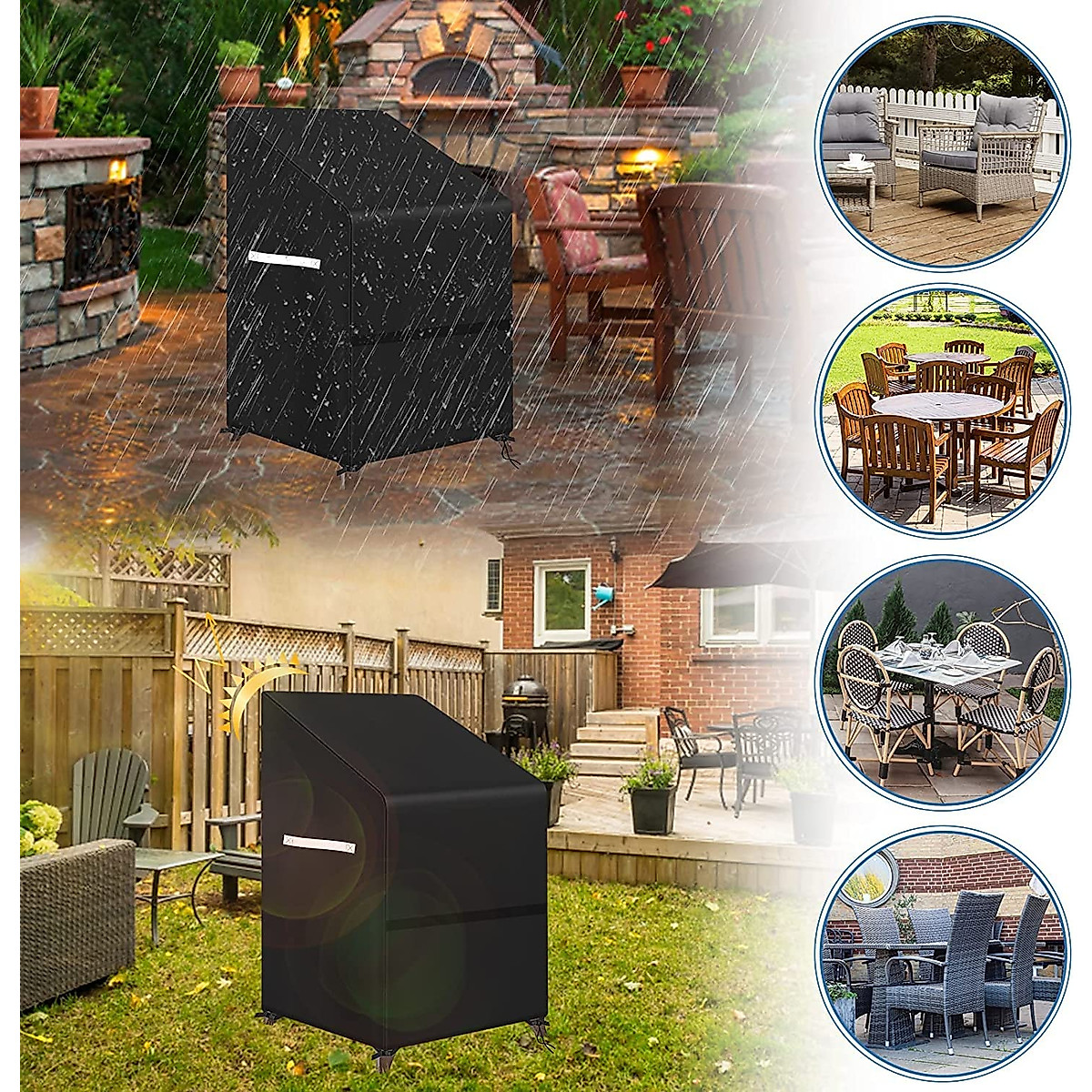 Outdoor Furniture Cover Stacking Chair Cover & Patio Hanging Egg Chair Cover Waterproof, Wind-Proof Swing Egg Chair Cover, Outdoor Furniture Covers for Egg Chair Covers with Storage Bag, Black