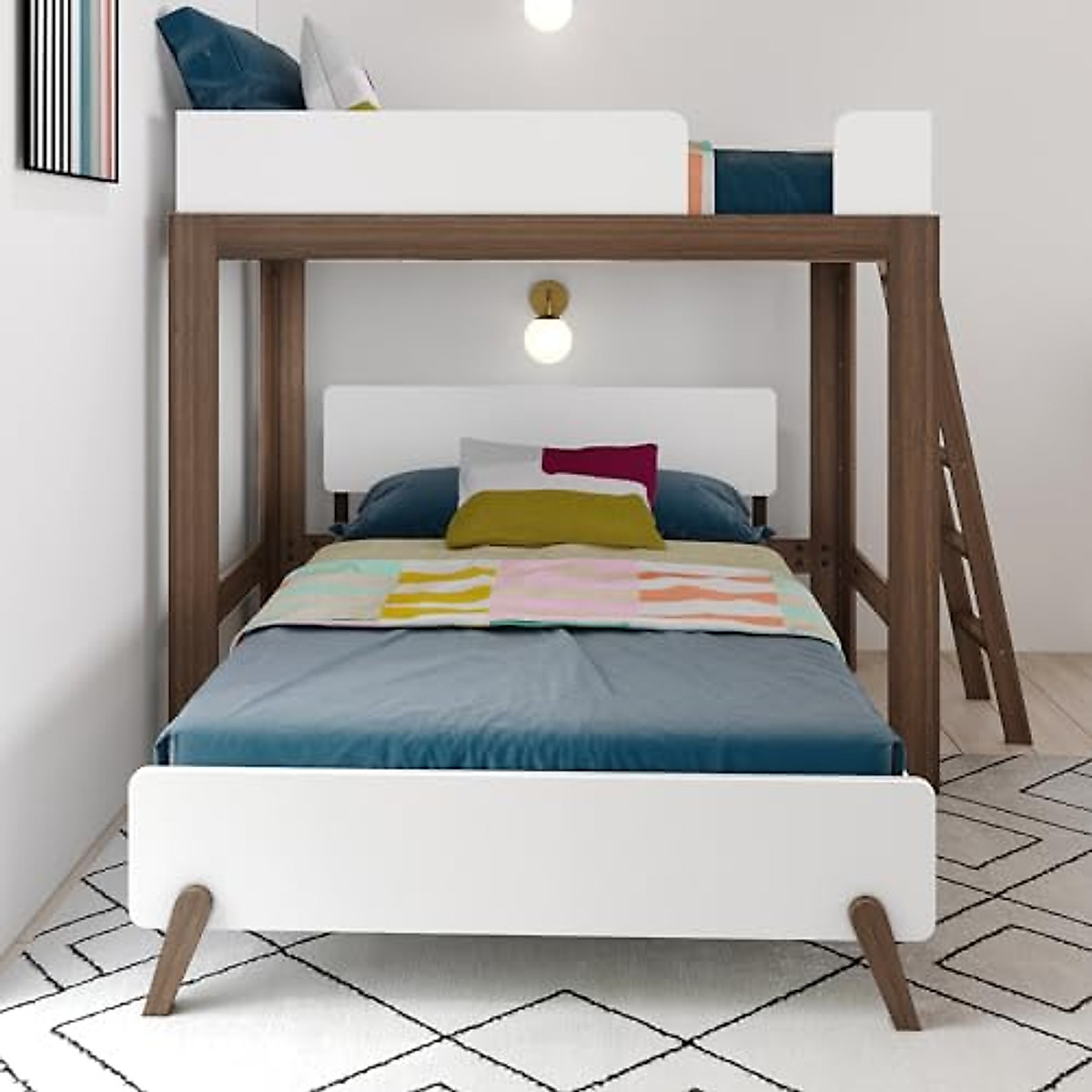 Max & Lily Twin over Full L-Shaped Bunk Bed, Mid-Century Modern Bunk Solid Wood Bunk for Kids, Strong Wood Slat Support, No Box Spring Needed, White/Walnut