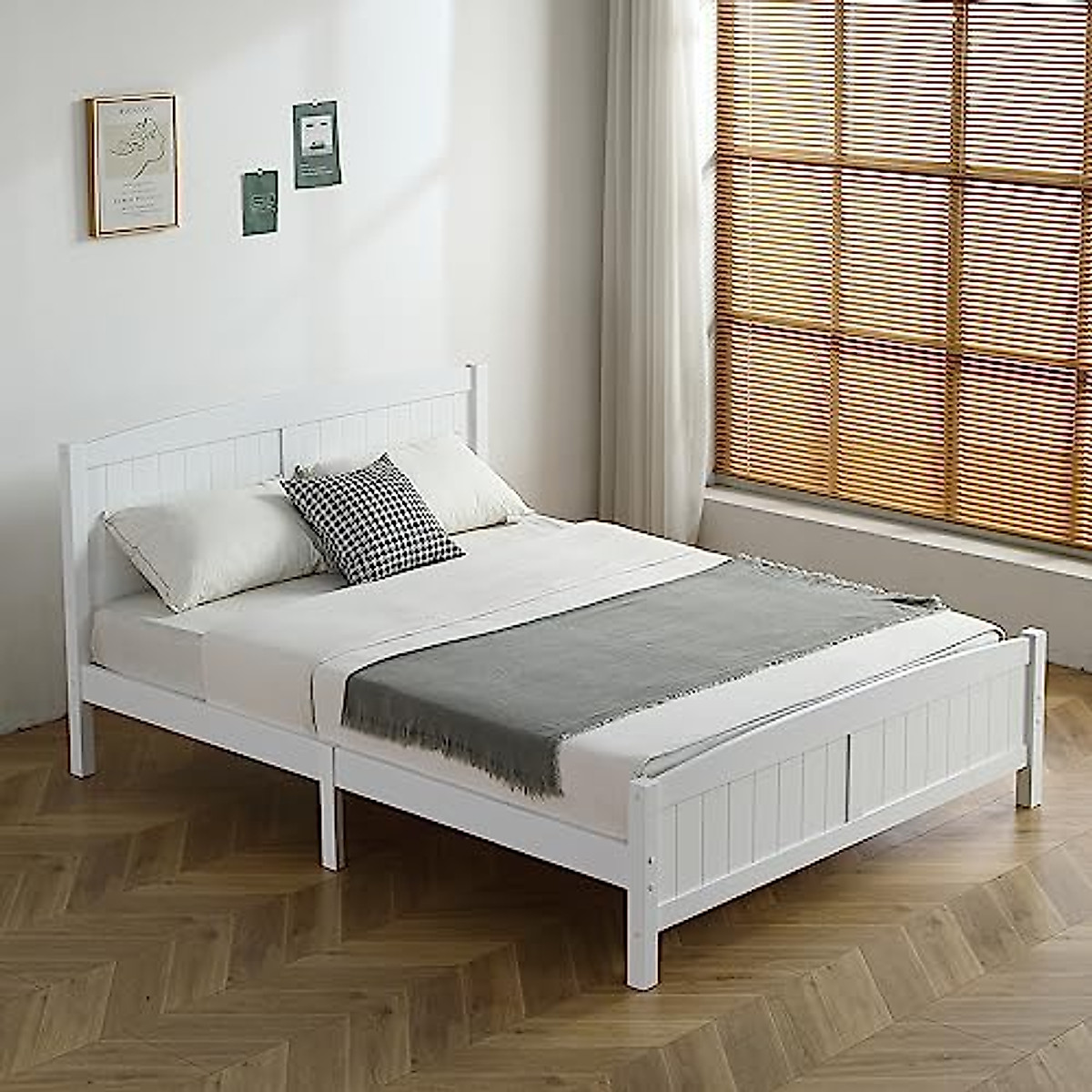 ZKTYQUIHE Wooden Bed,Queen Pine Single-Layer Core Vertical Stripe Full-Board Curved Headboard with The Same Bed Tail, White