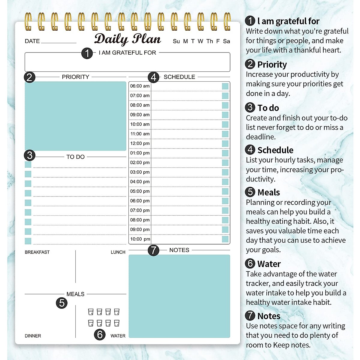 Daily Planner Notepad Undated To Do List Planning Pad Checklist with Hourly Schedule Calendars Meal, Spiral Appointment Organizers Notebook for Man/Women,52 Sheets (6"x8.5")2Pack