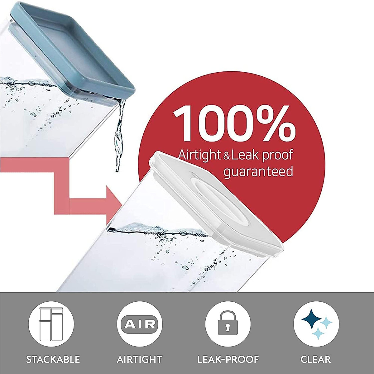 Neoflam Airtight Smart Seal Food Storage Container (Set of 3) | Crystal Clear Body | Modular, Stackable, Nestable Design (2.7L, Square)
