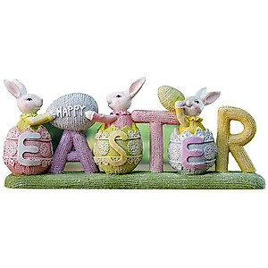 Abendedian Happy Easter Bunny Tabletop Decorations Resin Hand Painted Easter Eggs Bunny Figurines Ornament Garden Farmhouse Home Decor (13.4 * 2.4 * 5.5 inch, Style-B)