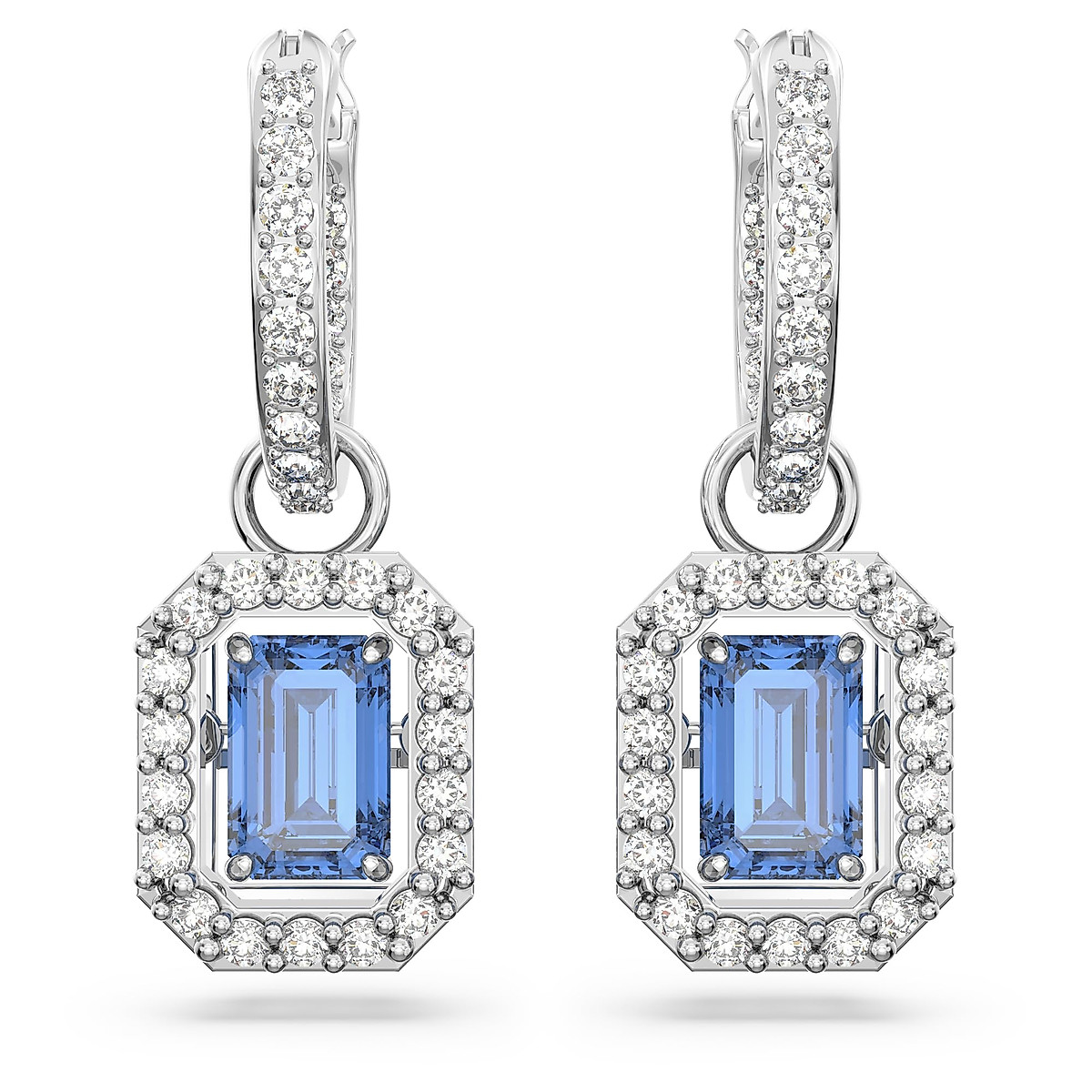 Swarovski Una Earrings, Octagon cut Swarovski Zirconia, Blue, Rhodium Finish