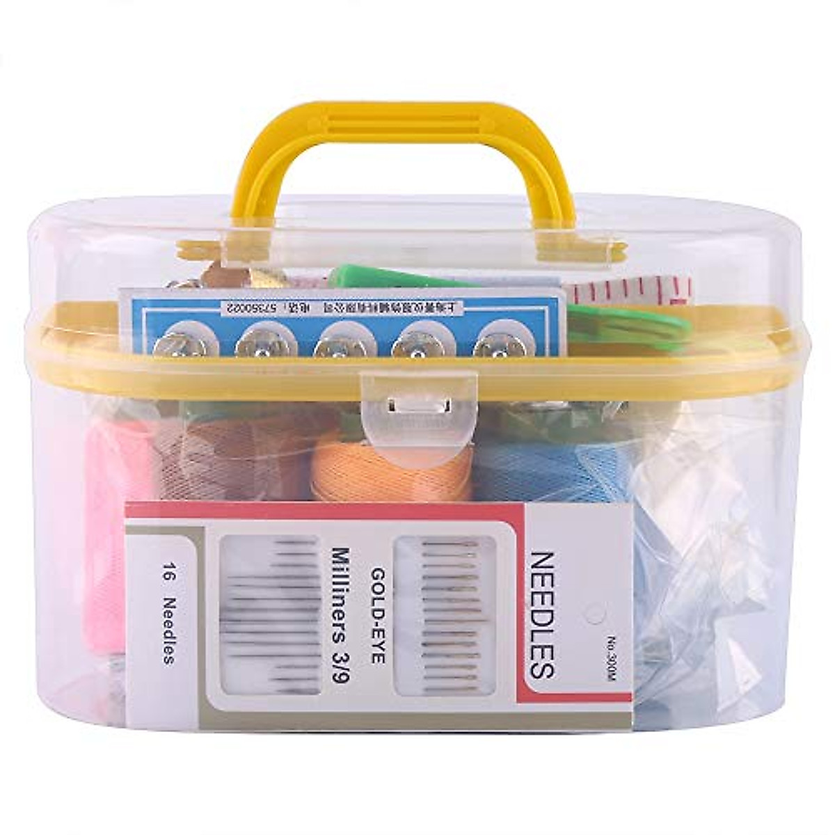 Sewing Supplies Set Portable Sewing Kit Box Plastic Organizer Storage Box with Removable Interlayer for 10pcs Sewing Tools Including Needle Tape Measure Scissor Thimble(Yellow)