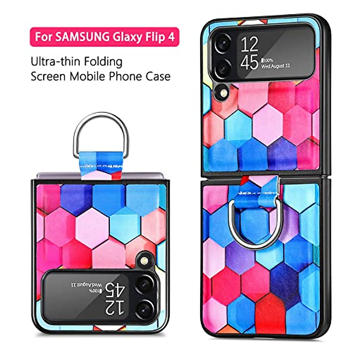 Bizzib for Samsung Galaxy Z Flip 4 Case with Ring, Ultra Slim Light Hard PC Drop Protection Shockproof Cover Compatible with Galaxy Z Flip 4 Colored Pattern-Multicolor 3