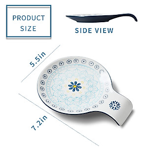 Magclay Hand Painted Spoon Rest, 5.5" Ceramic Spoon Holder for Stove Top and Kitchen Counter, Blue Pattern Utensil Rest, Great Cooking Gifts for Friends, Modern Kitchen Decorative