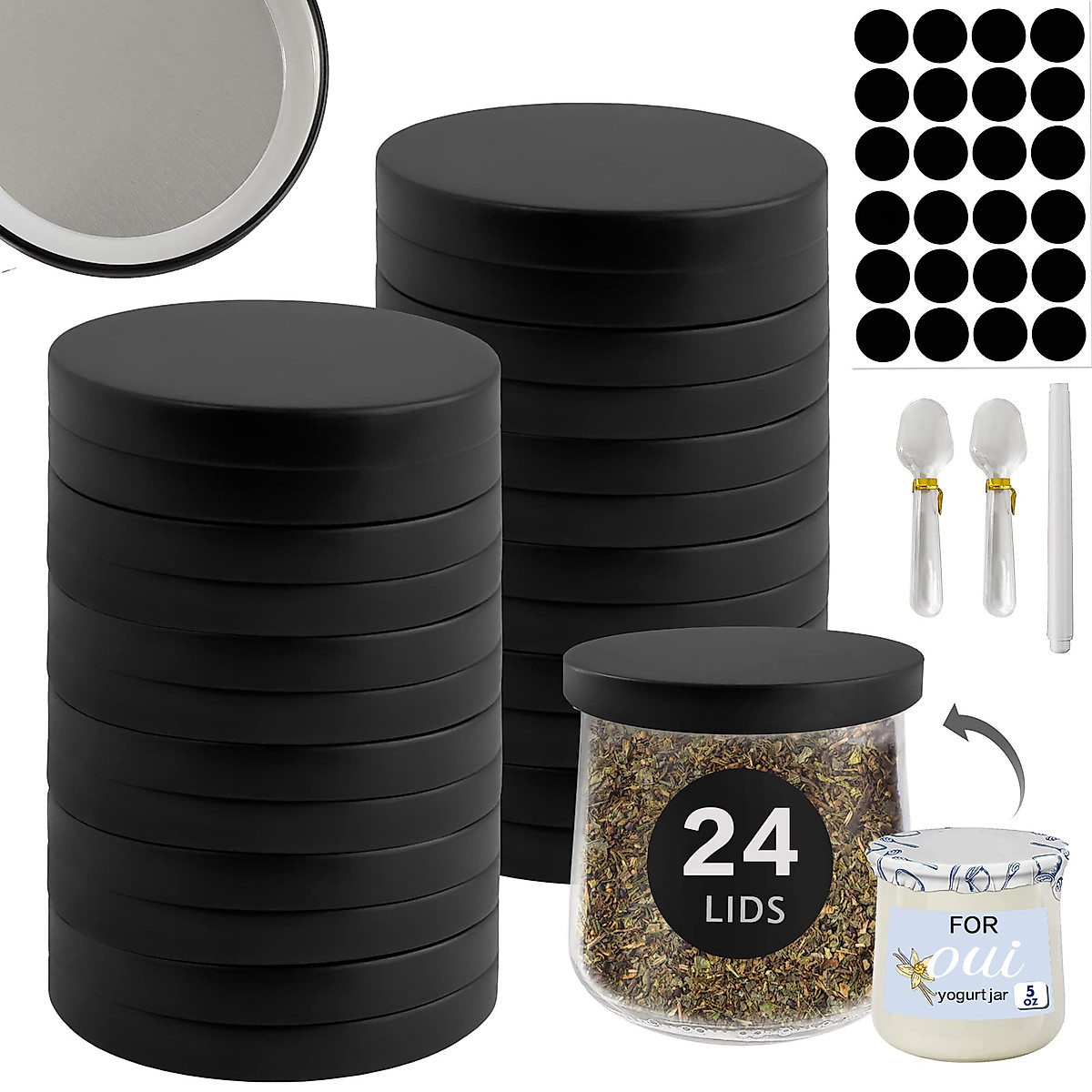 Oui Yogurt Jar Lids 12 Pack Black Metal Oui Lids for Yoplait Yogurt Container, lids for oui yogurt jars with repeat writing label and white chalk