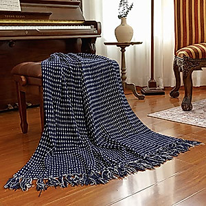 Decorative White Dot Navy Throw Blanket, Soft Chenille Woven Blanket with Tassels for Farmhouse Boho Décor, 50" x 60", Dark Navy
