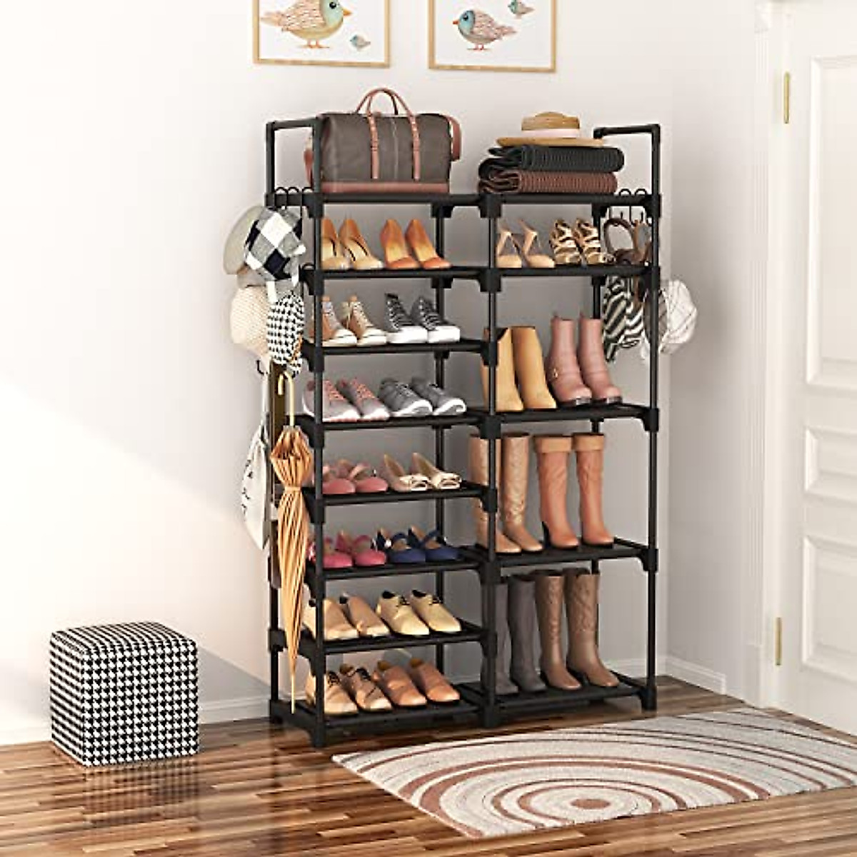 ROJASOP Shoe Rack Organizer, 8-Tier Metal Shoe Rack for Closet Entryway Garage, 26-32 Pairs Tall Shoe Boot Storage Shelf with 15 Hooks, Stackable Large Shoe Stand