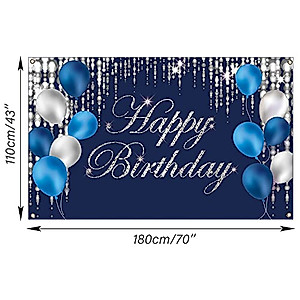 Blue Silver Happy Birthday Decorations Blue Birthday Banner Backdrop Large Happy Birthday Backgroud Birthday Backdrop Baby Shower Party Indoor Outdoor Decorations Supplies for Men Women Boys Girls