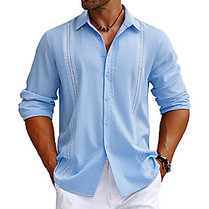COOFANDY Men's Cuban Guayabera Shirt Long Sleeve Casual Button Down Shirts Beach Linen Shirt Light Blue