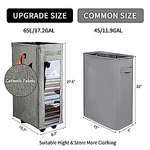 27" Slim Laundry Hamper, 65L Large Foldable Rolling Laundry Basket Carts with Handle and Wheels Waterproof & Breathable Mesh Liner for Dirty Clothes Storage (Grey)