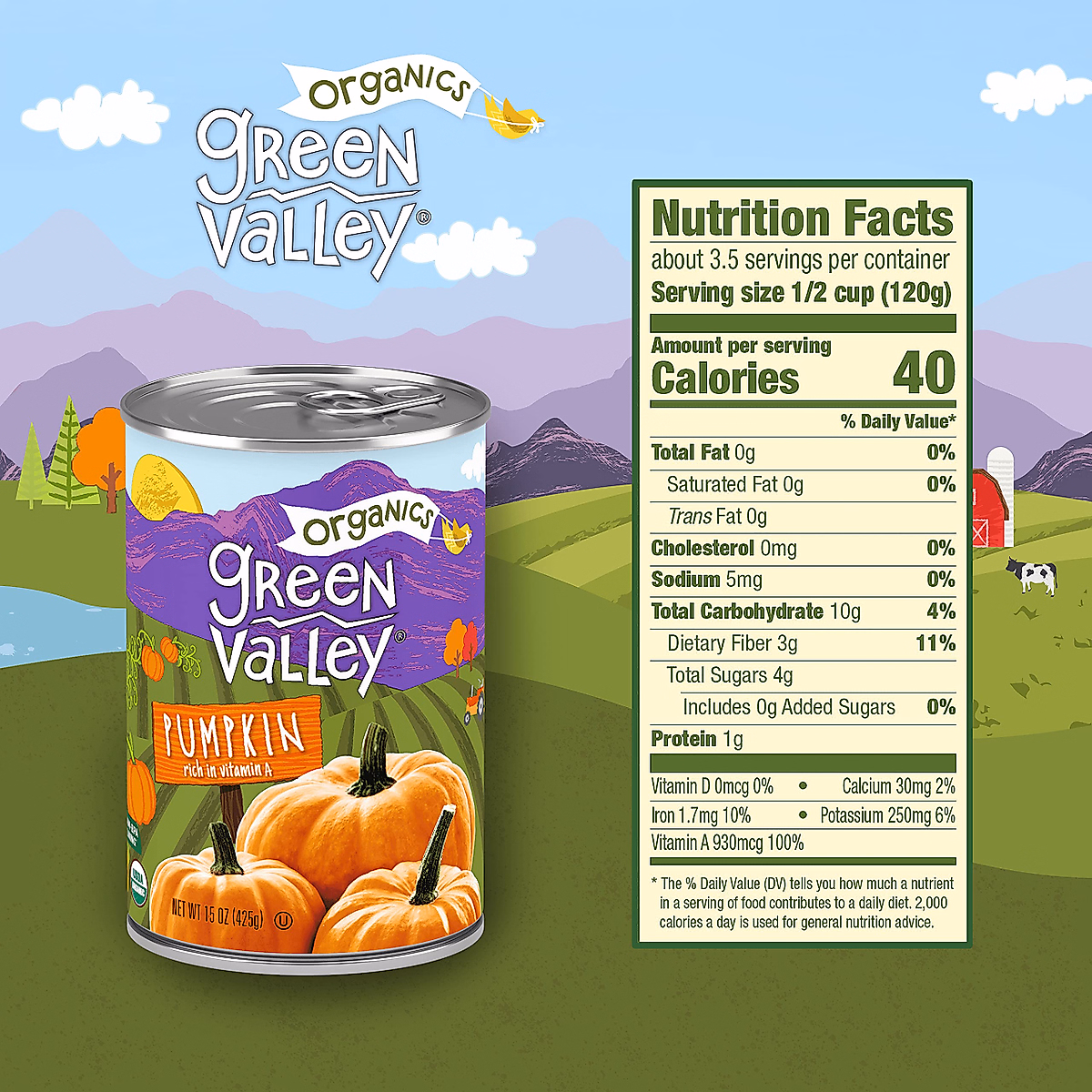 Green Valley Organics Pumpkin | Certified Organic | 100% Dickinson Variety | Sweet Earthy Delicious | Firm & Smooth | Vibrant Autumn Orange | American Grown & Made | 15 oz (Pack of 4)