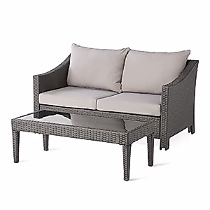 Christopher Knight Home Antibes Outdoor Wicker Loveseat and Table Set with Water Resistant Cushions, 2-Pcs Set, Grey / Silver