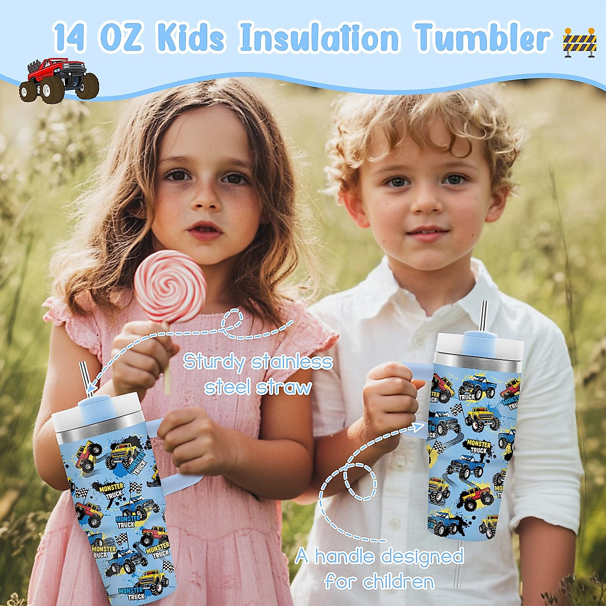 14 oz Monster Truck Tumbler with Handle and Straw for Kids, Insulated Stainless Steel Travel Mug for Toddlers Boys, Vacuum Leak Proof Reusable Tumbler, Birthday Gifts for Boys