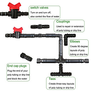 Drip Irrigation Fittings Kit, Irrigation Barbed Connectors for 1/2" Tubing 34 Piece - 2 Switch Valves, 8 Couplings, 8 Tees, 8 Elbows and 8 End Cap Plugs, Irrigation Water Hose Connector 1