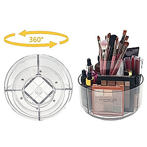 LINFIDITE 360 Rotating Makeup Organizer Spinning Cosmetic Display Cases with 5 Compartment Acrylic Clear Round Turntable Storage Tray Bathroom Counter Organizer Makeup Brush Lip Gloss Organizer Case