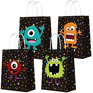 BCHOCKS Monster Themed Party Favor Bags for Color Monster Party Supplies, Kraft Paper Bags for Birthday Party Decorations, Favor Goody Gift Candy Bags for Kids Adults Birthday Party Decor-16 PCS
