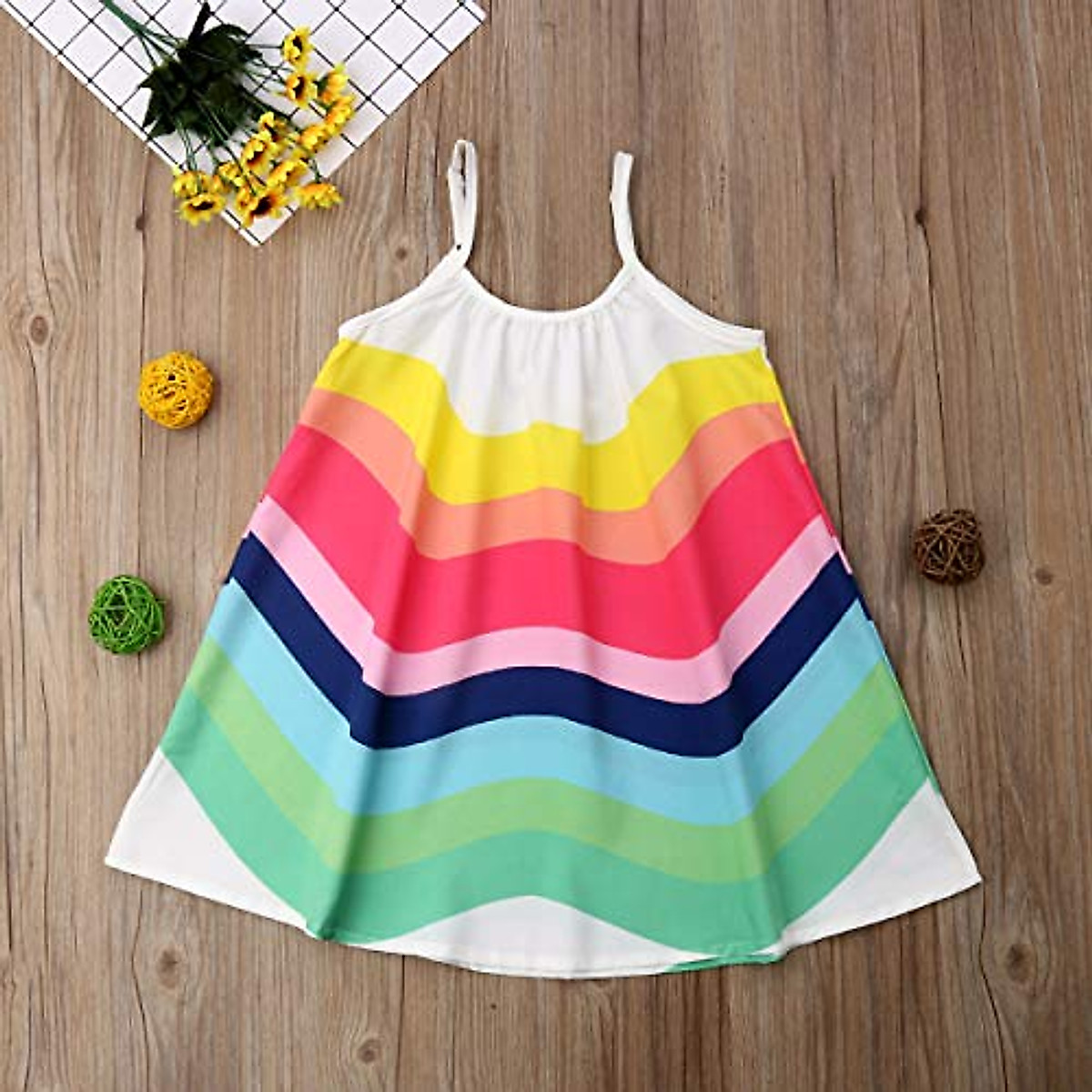 Toddler Baby Girl Summer Boho Rainbow Stripe Spaghetti Strap Beach Sun Dress (Rainbow, 5-6T)