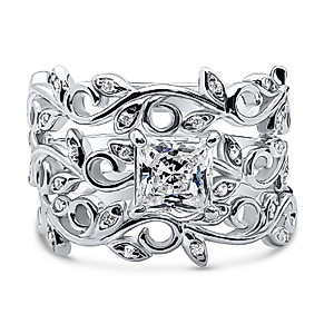 BERRICLE Sterling Silver Leaf Wedding Engagement Rings Cubic Zirconia CZ Solitaire Ring Set for Women, Rhodium Plated Size 6.5