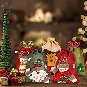 Whaline Drawstring Christmas Bags, 3D Xmas Gift Bags, Christmas Wrapping Bags, Xmas Goodie Bags, Red Treat Pouch Bags, Sack Stockings, Party Favor Bags, 8 x 11in, 8 x 12in (5 Pack)