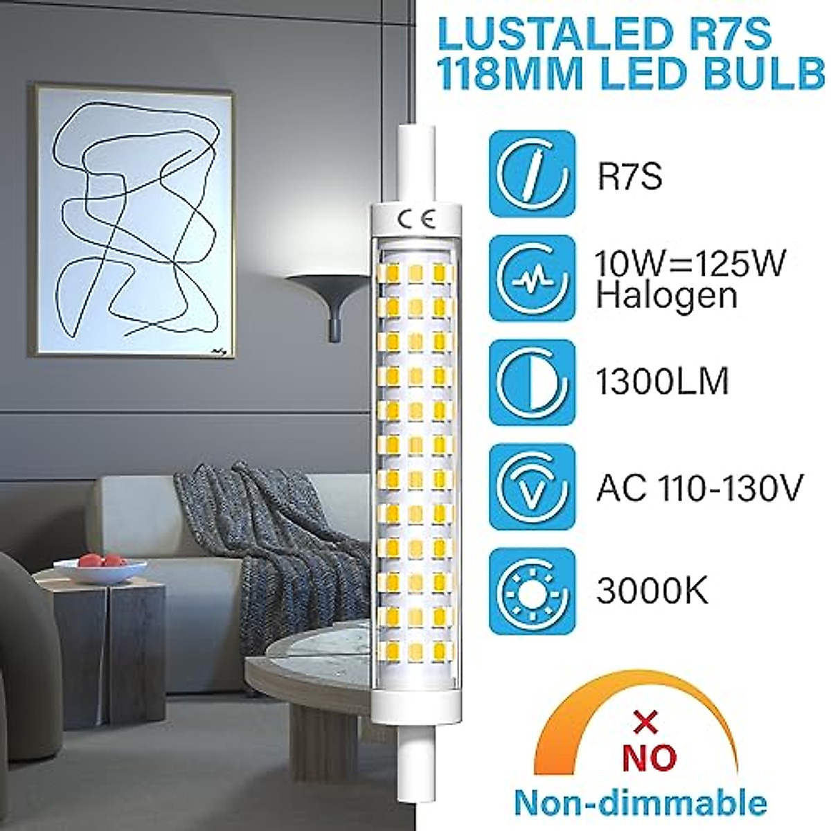 Lustaled R7s LED Bulb 118mm 10W 1300LM Day Light 6000K 110-130V J118 J Type Linear Double Ended 100W Halogen Equivalent for Floodlight Landscape (2 Pack Not Dimmable)