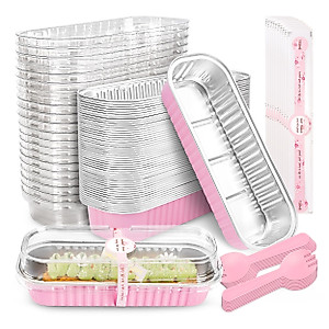 NPLUX 50 Pack Mini Cake Pans with Lids and Spoons Rectangular Aluminum Foil Baking Pans Mini Cheesecake Containers(6.8oz)