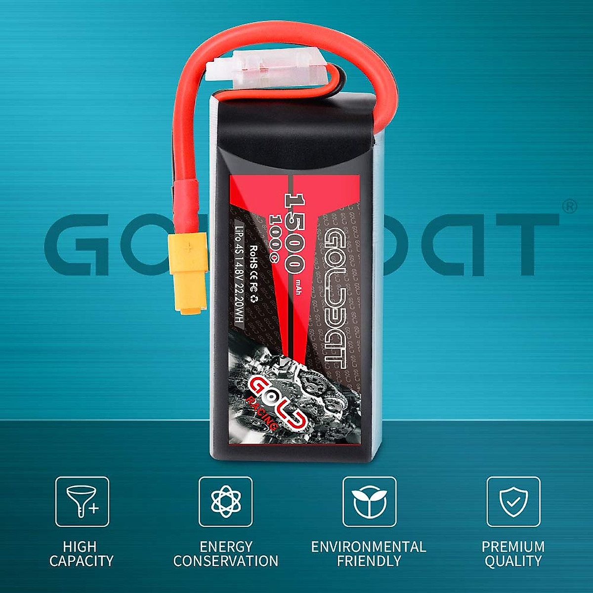 GOLDBAT 4S 1500mAh 100C 14.8V LiPo Battery Pack with XT60 Plug for Heli Airplane Drone FPV Racing (2 Packs)