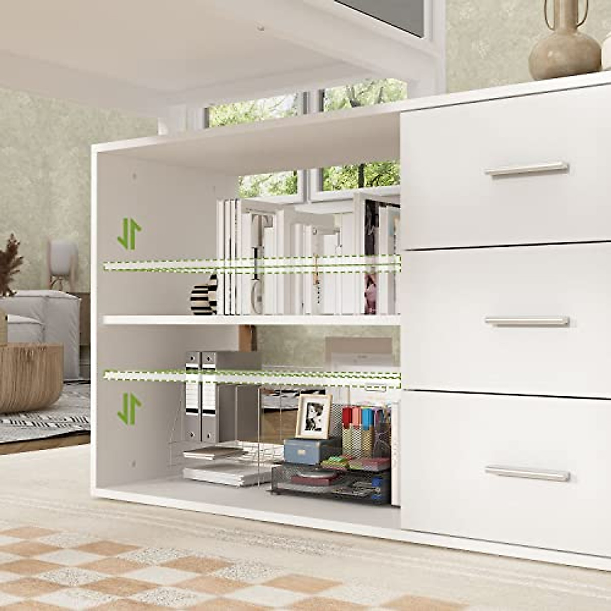 DiDuGo Office Desk with Drawers and Shelves, Home Office Desk L Shaped Desk with Metal Frame, Wood Corner Desk Computer Desk for Office Bedroom White