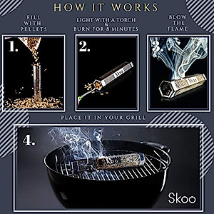 Skoo Pellet Smoker - BBQ Hexagonal Smoking Tube + Brush + Hook + Free EBook + Digital User Guide - 5 Hours of Billowing Smoke - For Electric, Gas, Charcoal Grills or Smokers