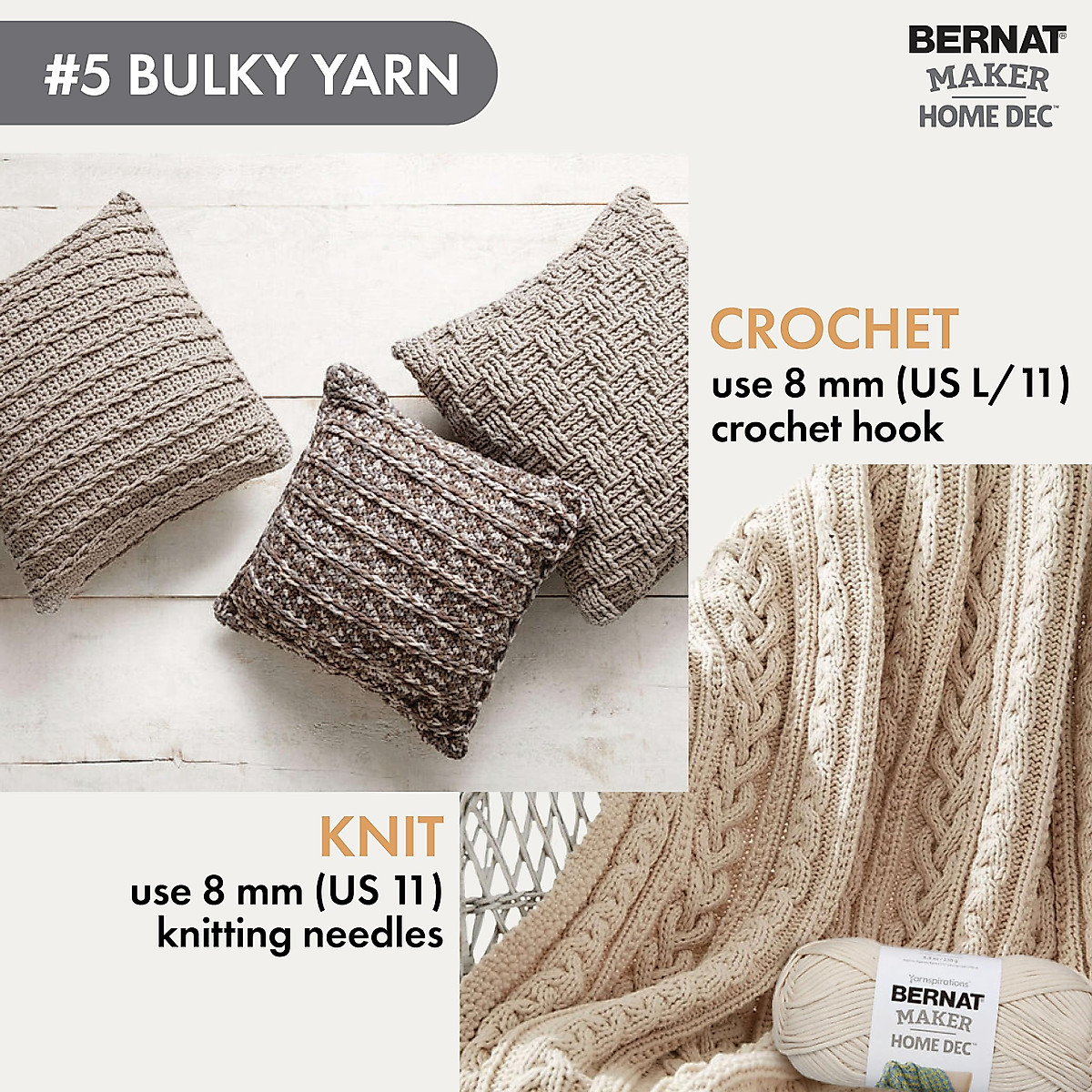 Bernat Maker Home Dec Cream Yarn - 2 Pack of 250g/8.8oz - Cotton - 5 Bulky - 317 Yards - Knitting/Crochet