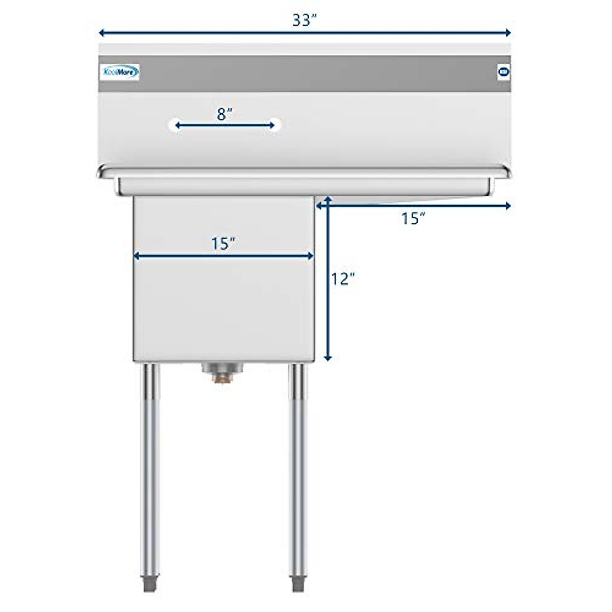 KoolMore 1 Compartment Stainless Steel Commercial Kitchen Prep & Utility Sink with Drainboard - Bowl Size 15" x 15" x 12", Silver
