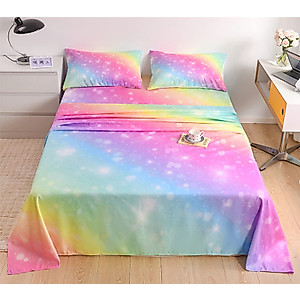 URLINENS Rainbow Sheets Twin Size 3 Piece, Tie Dye Pastel Girls Sheet Set for Kids Teens, Glitter Fun Girly Bed Sheets Soft Microfiber Rainbow Bedding Set 1 Fitted Sheet 1 Flat Sheet 1 Pillowcase