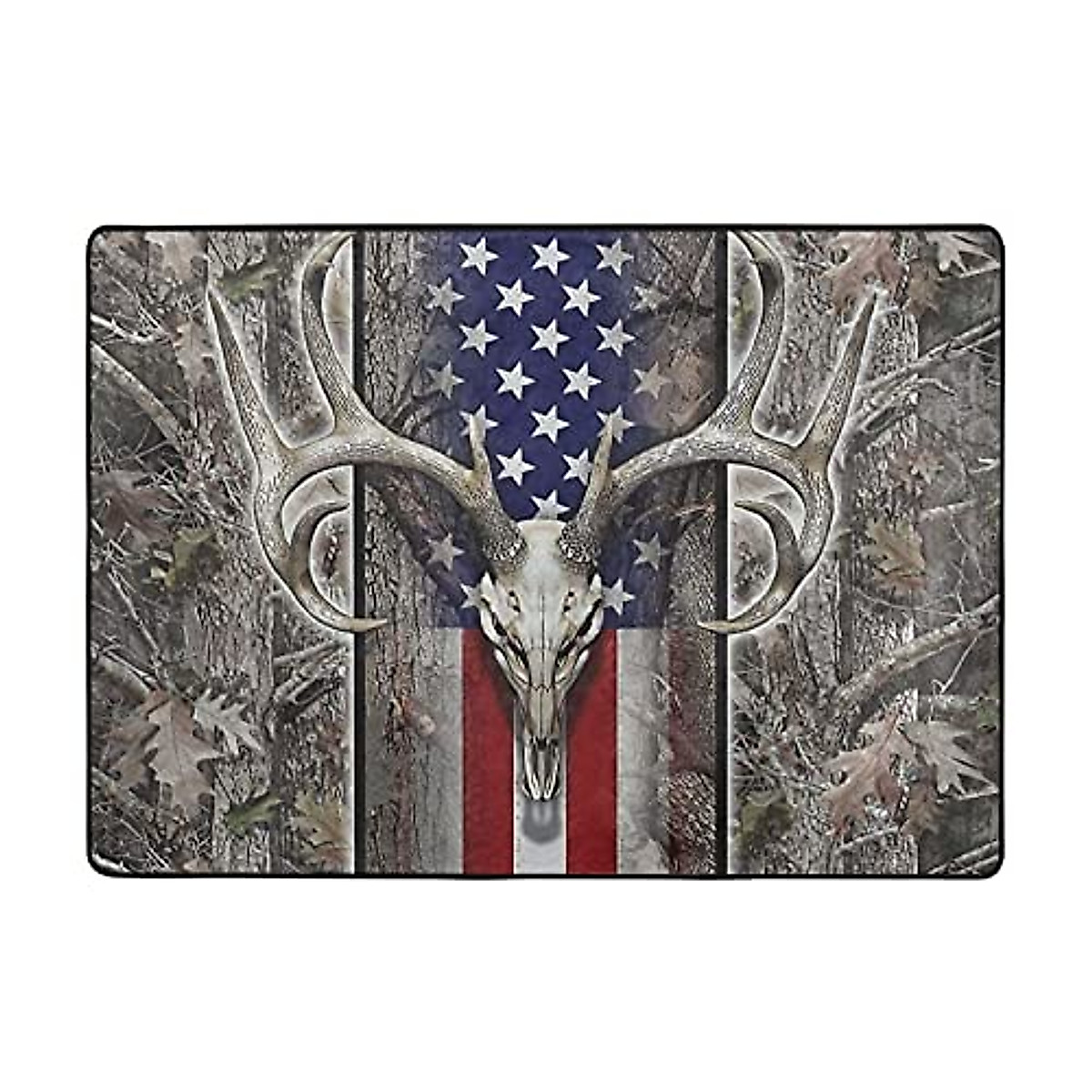 Gelingmei American Flag Wood Deer Skull Oak Camo Carpets Living Room Pad Rugs Bedroom Solid Home Modern Doormats Decorator Floor Area Rug Yoga Mat Throw Non-Slip Floor for Children Play